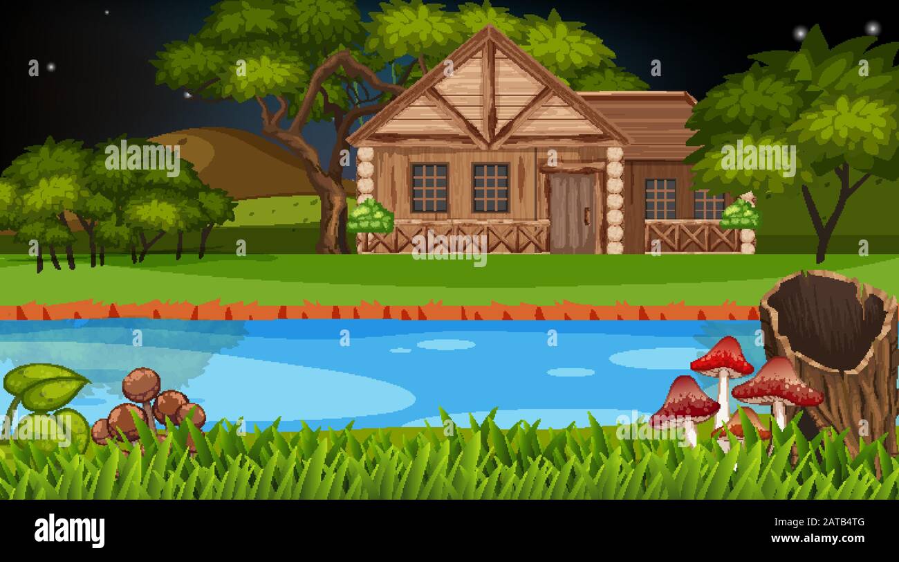 Scene with wooden cottage in the field illustration Stock Vector Image ...