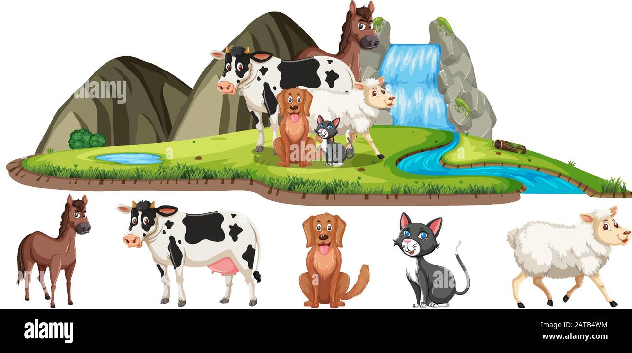 Scene with farm animals in the field illustration Stock Vector Image ...