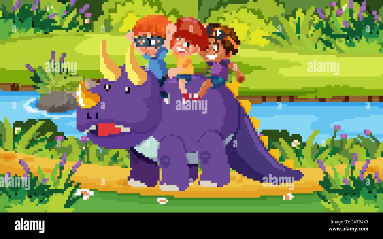 Scene with kids riding dinosaur in the park illustration Stock Vector ...