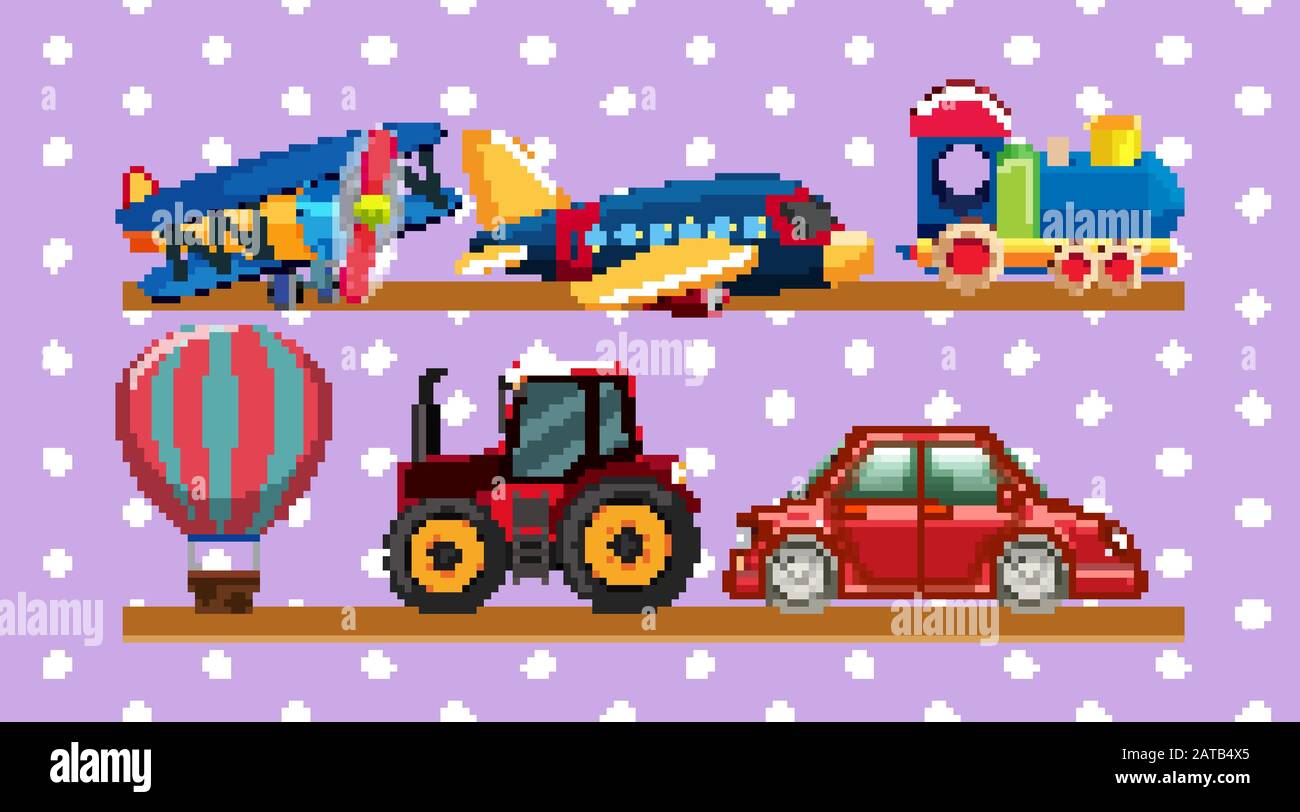 Many transportation toys on wooden shelves illustration Stock Vector ...