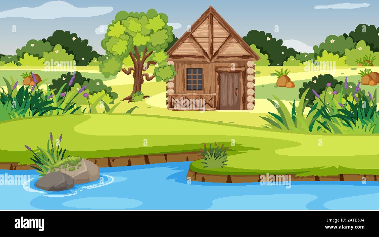 Scene with wooden cottage in the field illustration Stock Vector Image ...