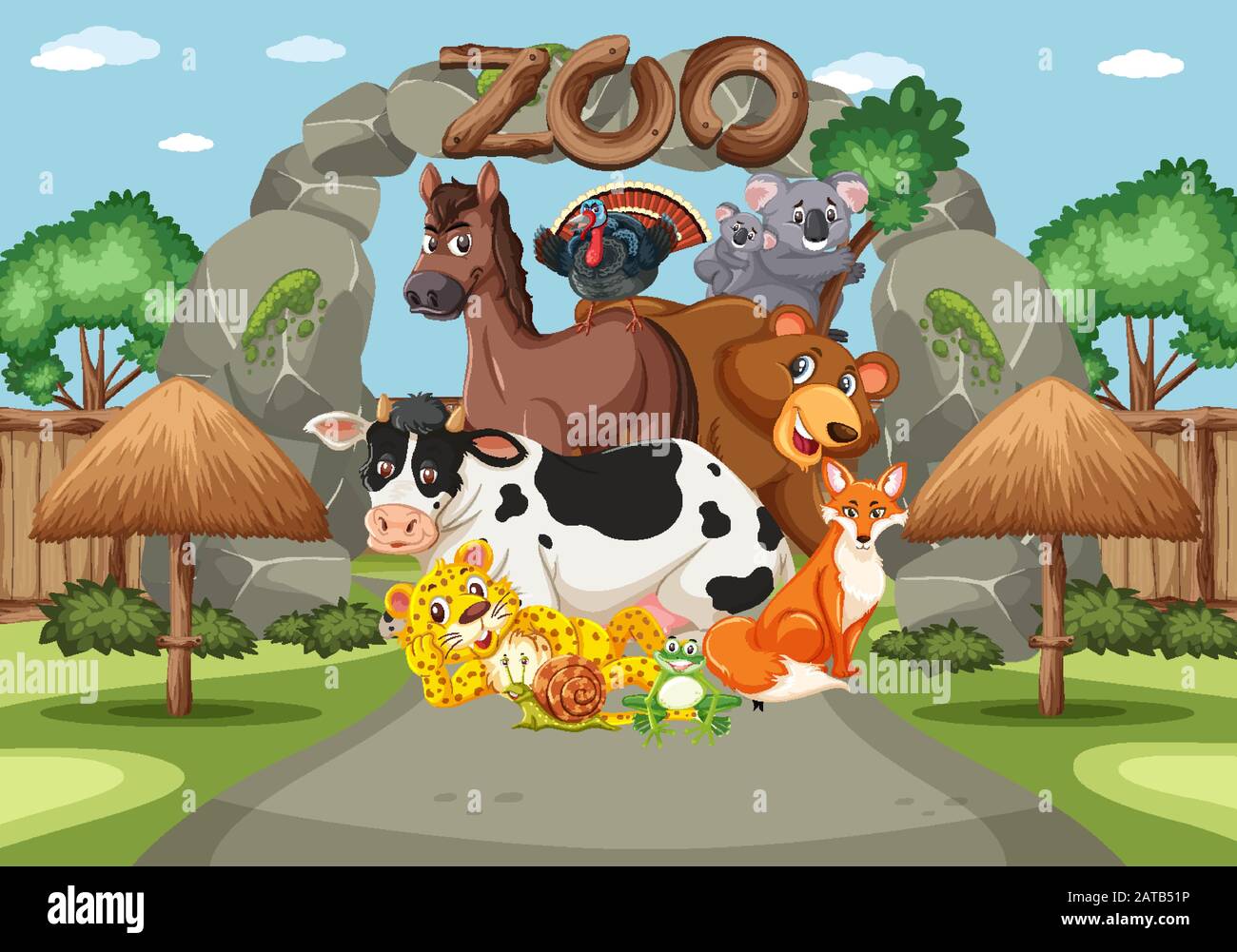 Scene with wild animals in the zoo at day time illustration Stock ...
