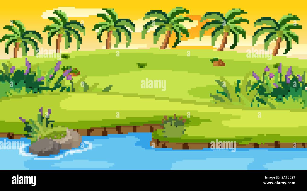 Nature scene with river and field at sunset illustration Stock Vector ...