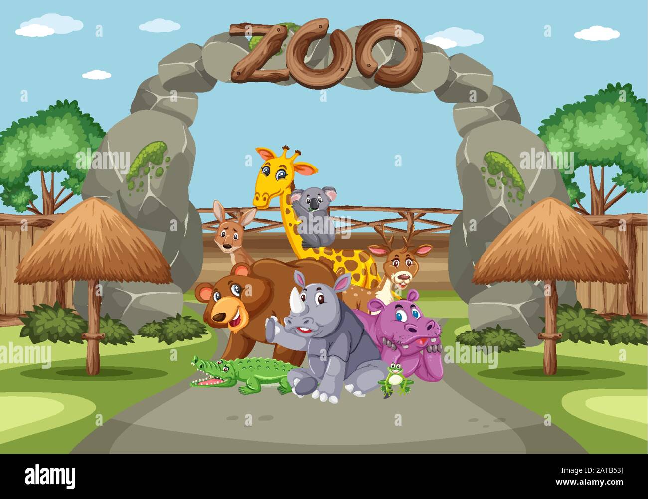 Scene with wild animals in the zoo at day time illustration Stock ...