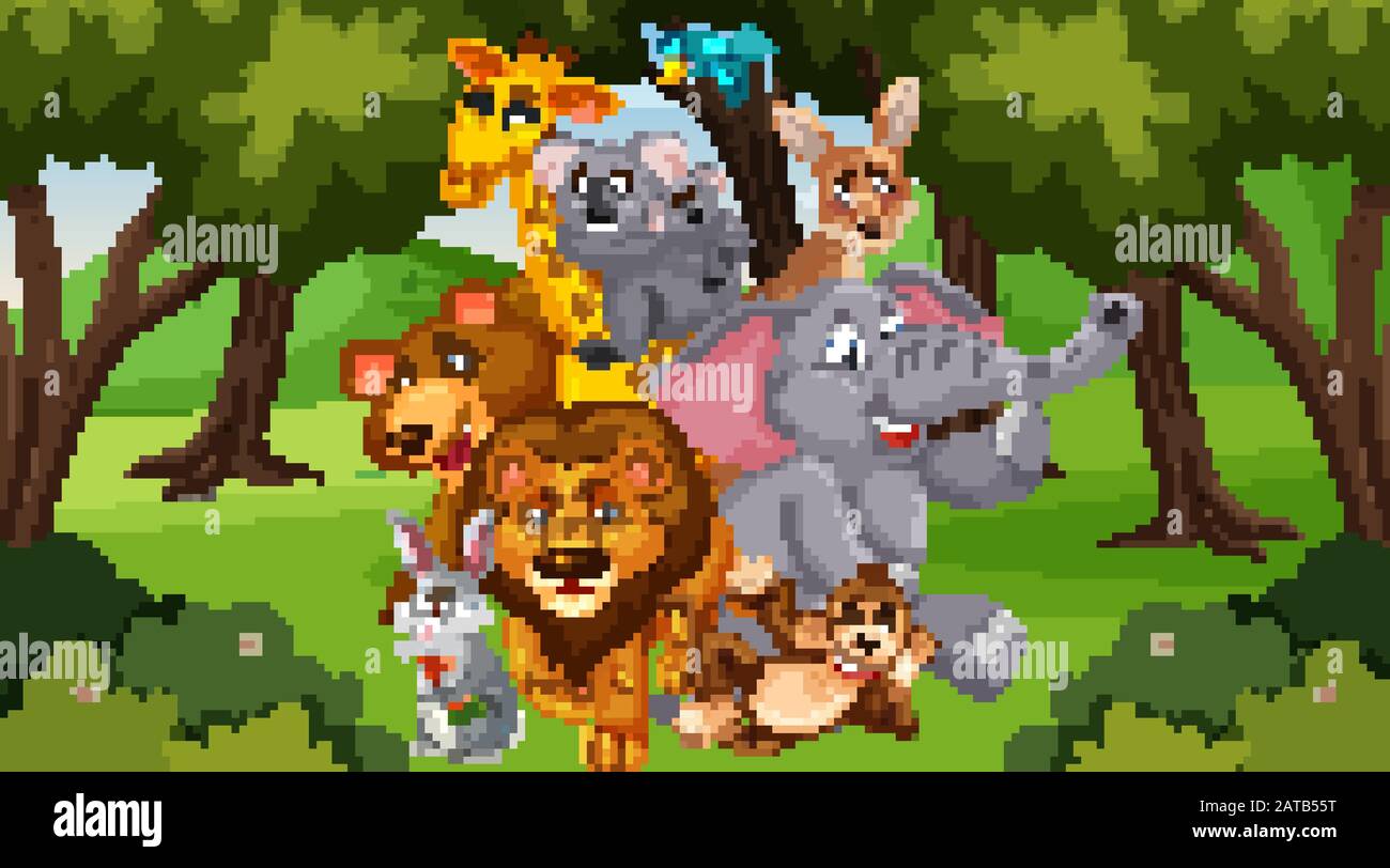 Scene with many wild animals in the park illustration Stock Vector ...