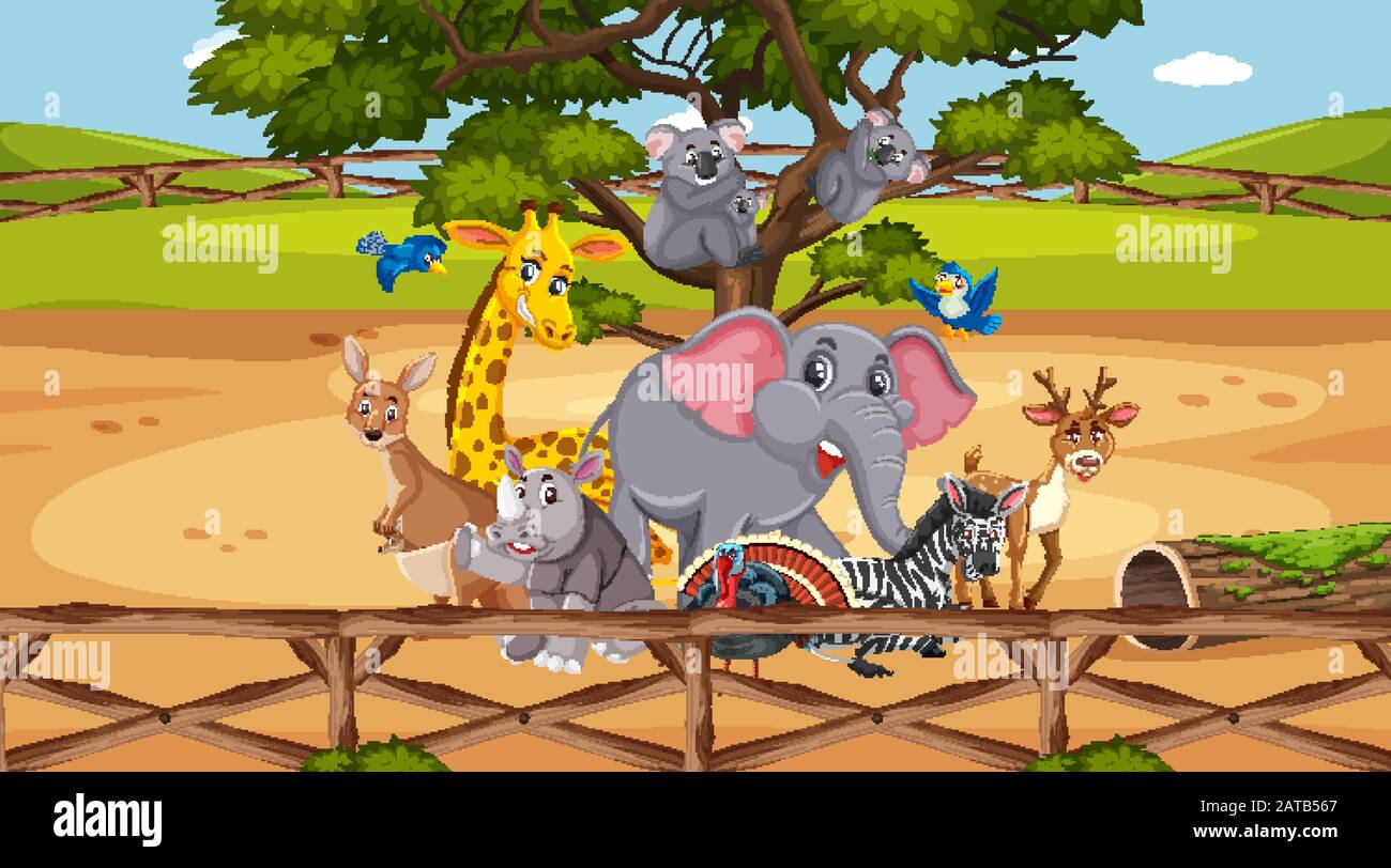 Scene with wild animals in the zoo at day time illustration Stock ...