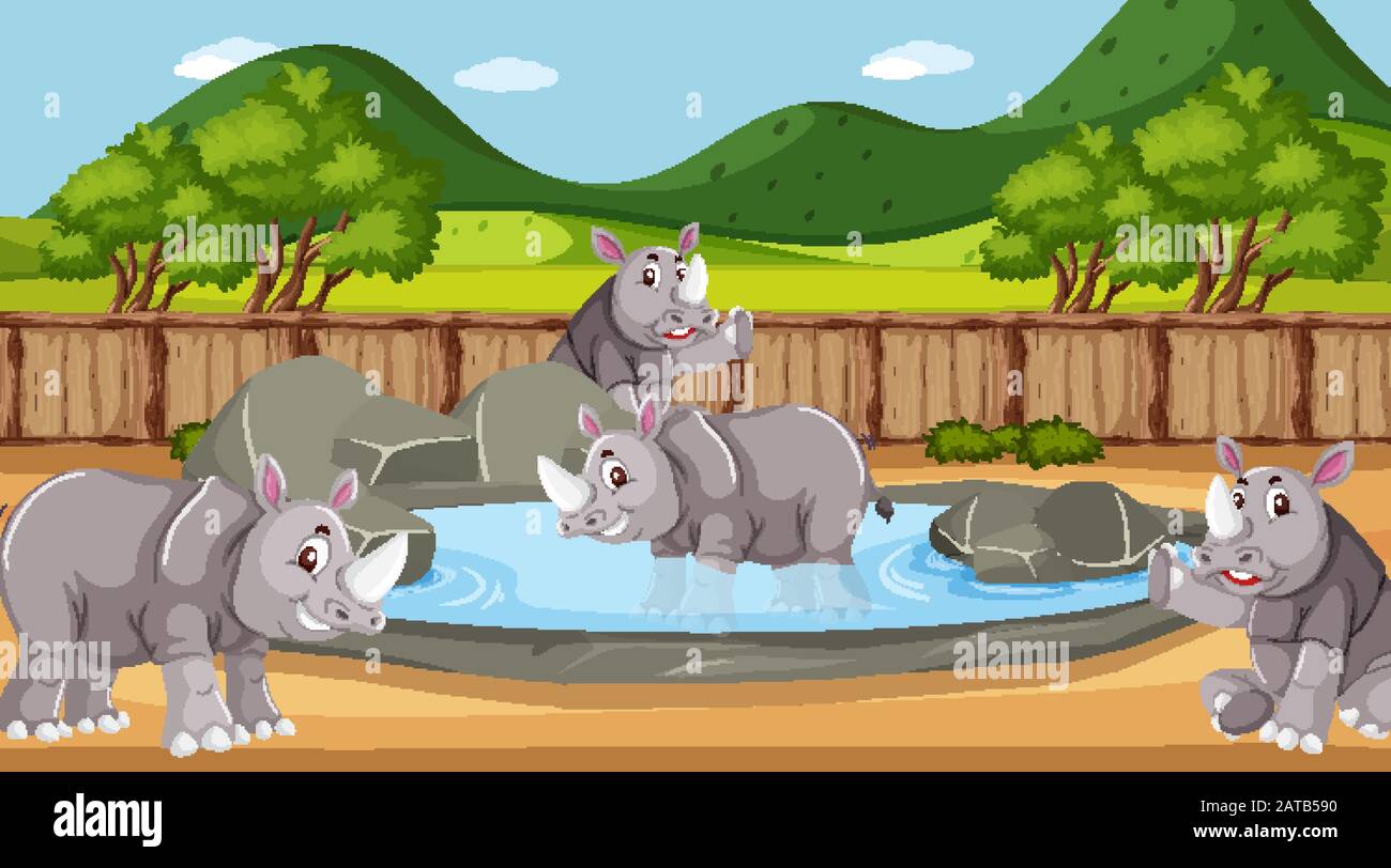 Scene with wild animals in the zoo at day time illustration Stock ...