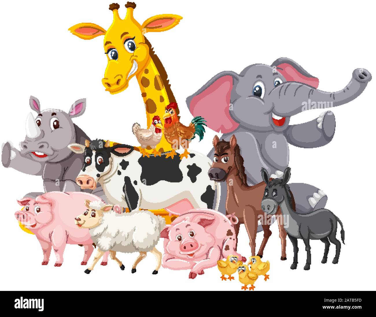 Many wild animals and farm animals on white background illustration ...