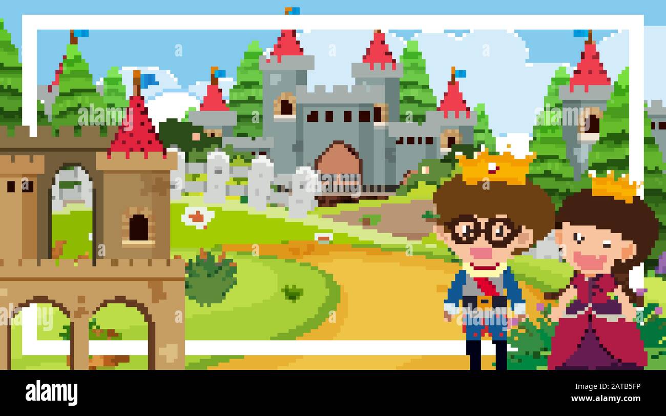Frame template with prince and princess by the castle tower ...