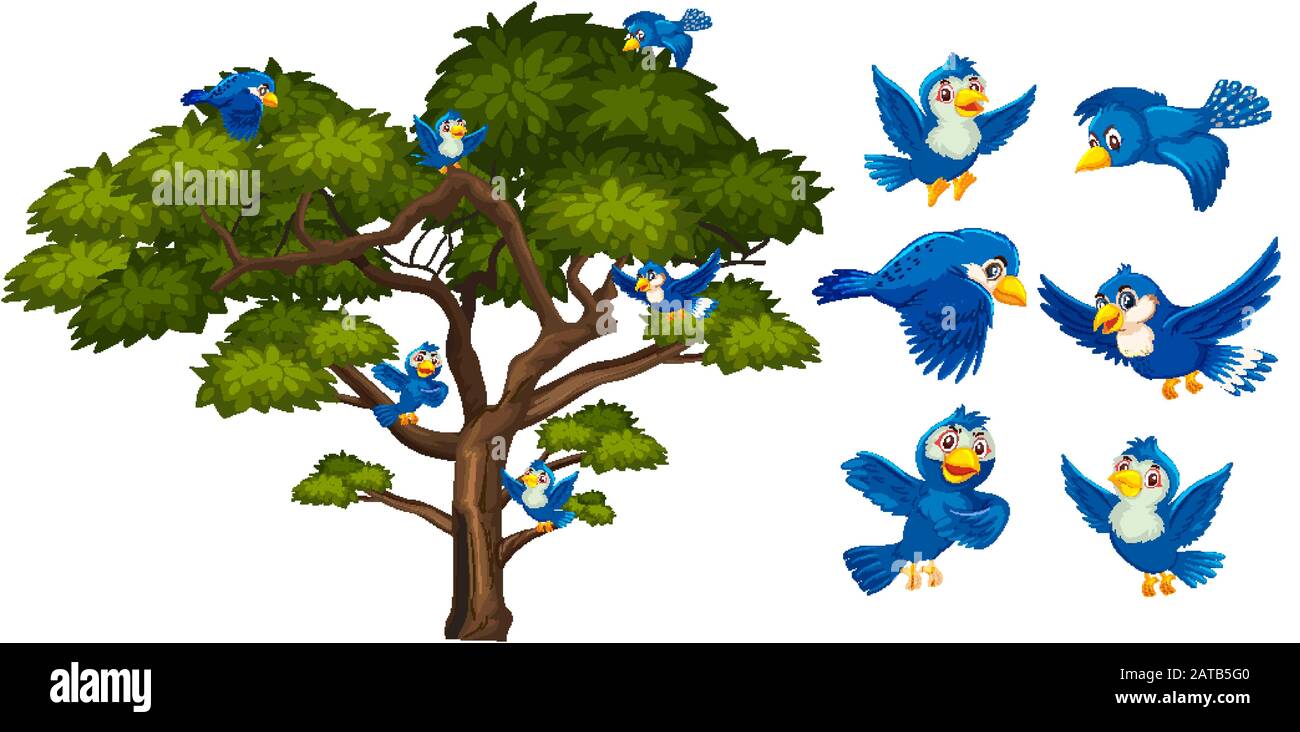Blue birds flying around the big green tree illustration Stock Vector ...