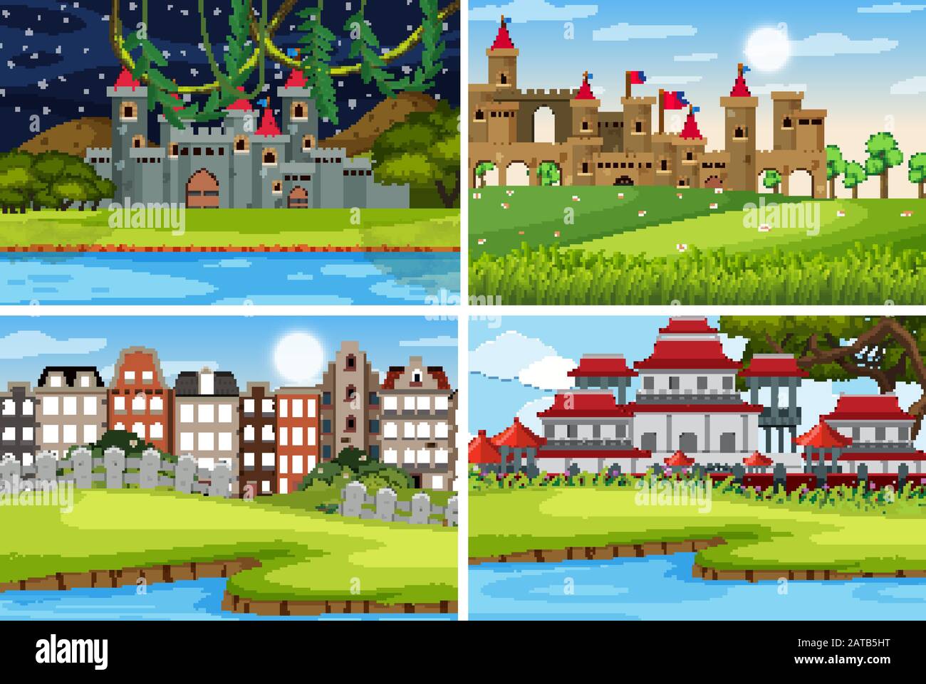 A set of outdoor scene including building illustration Stock Vector ...