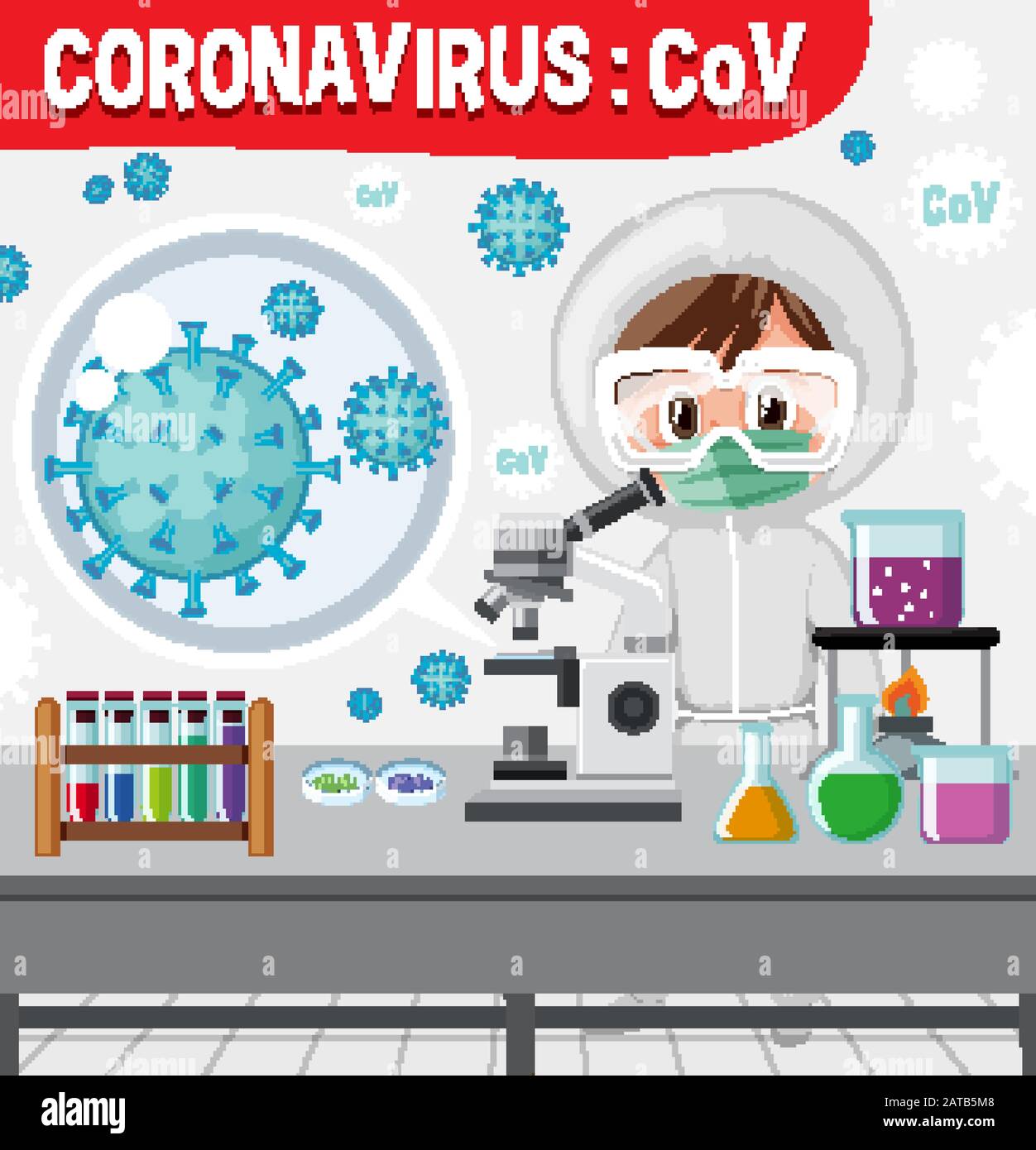 Diagram showing corona virus with doctor working in lab illustration ...