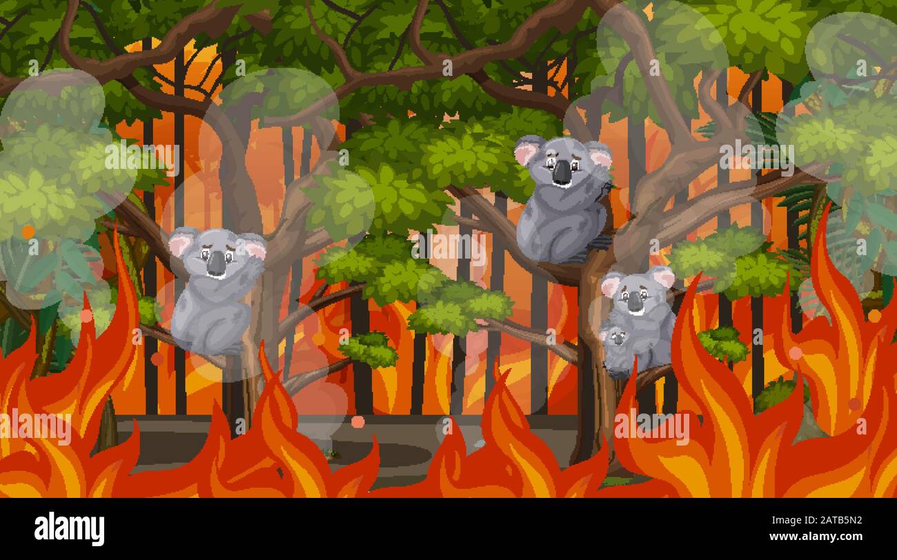 Scene with big wildfire with animal trapped in the forest illustration ...