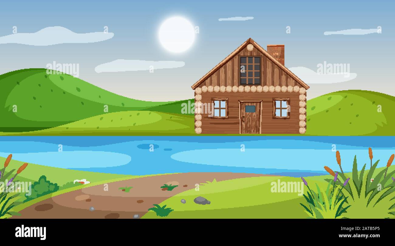 Scene with wooden house by the river over the hill illustration Stock ...