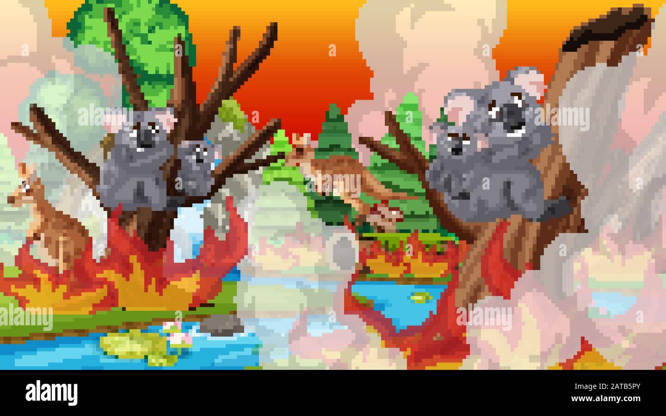Scene with big wildfire with animal trapped in the forest illustration ...