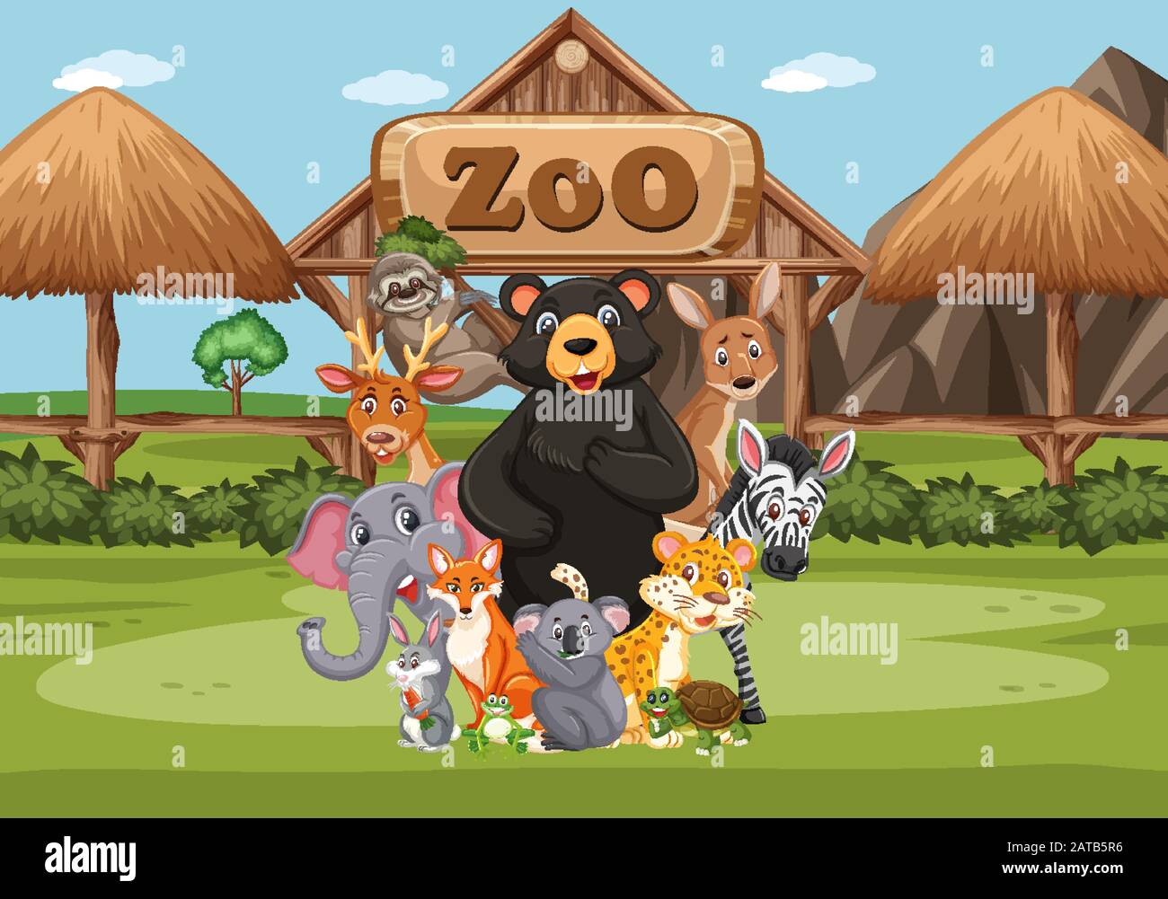 Scene with wild animals in the zoo at day time illustration Stock ...