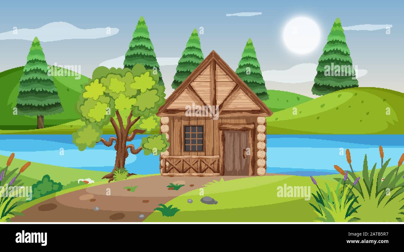 Scene with wooden cottage in the field illustration Stock Vector Image ...