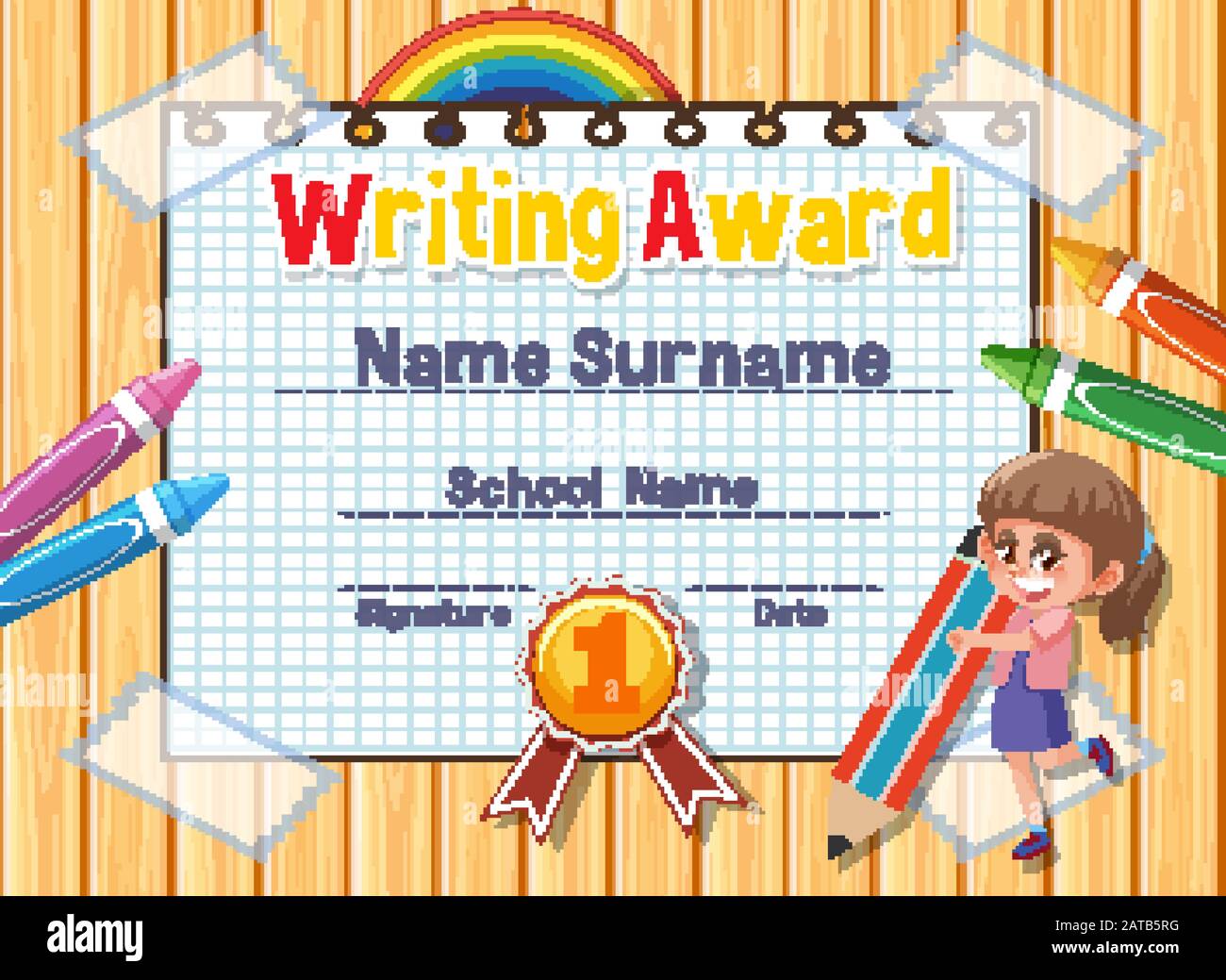 Certificate template for writing award with girl writing in background ...