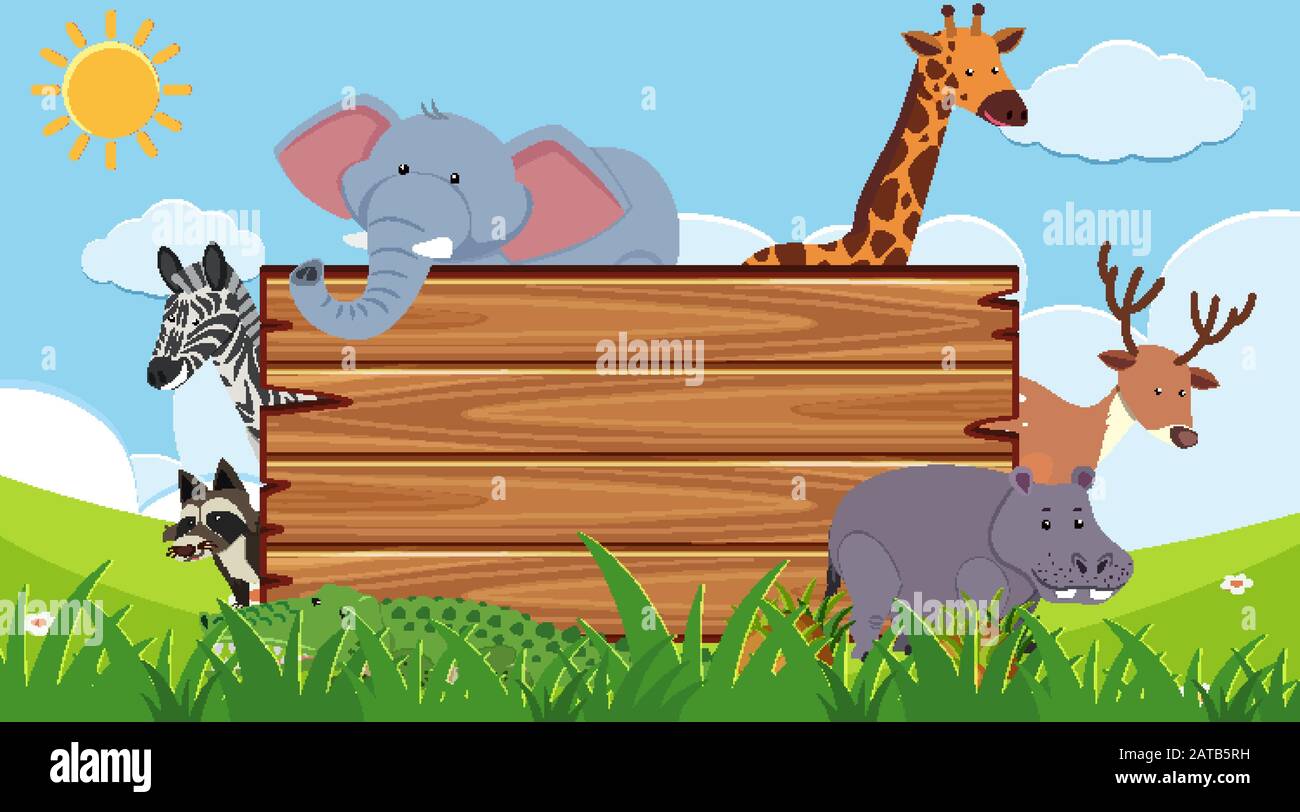 Wooden board with wild animals in background illustration Stock Vector ...