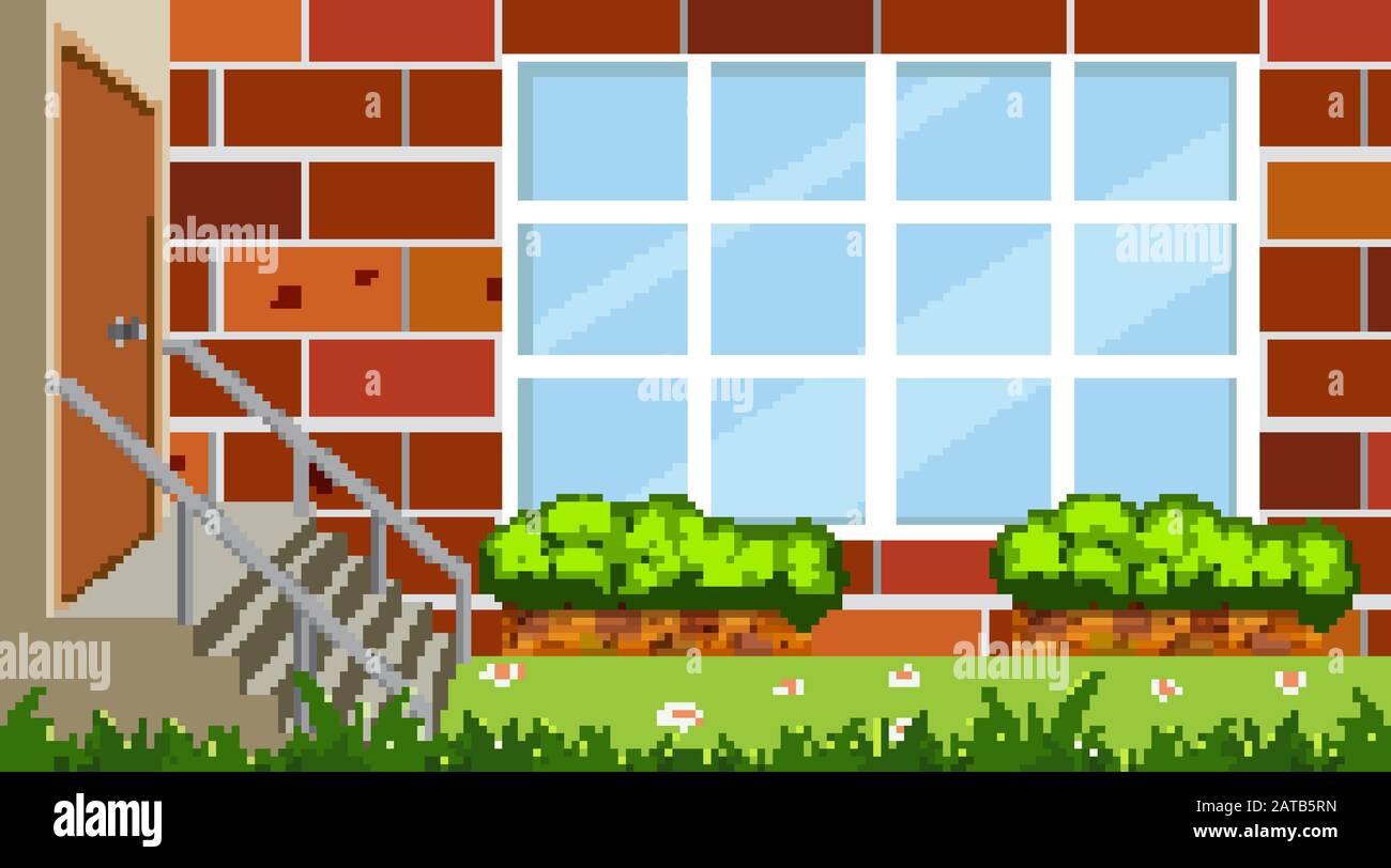 Landscape design with building wall and garden illustration Stock ...