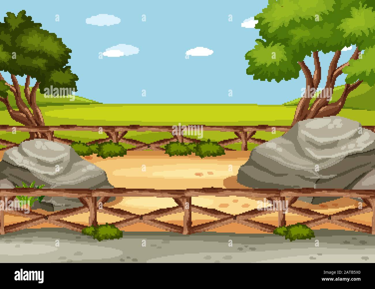 Scene with wild animals in the zoo at day time illustration Stock ...