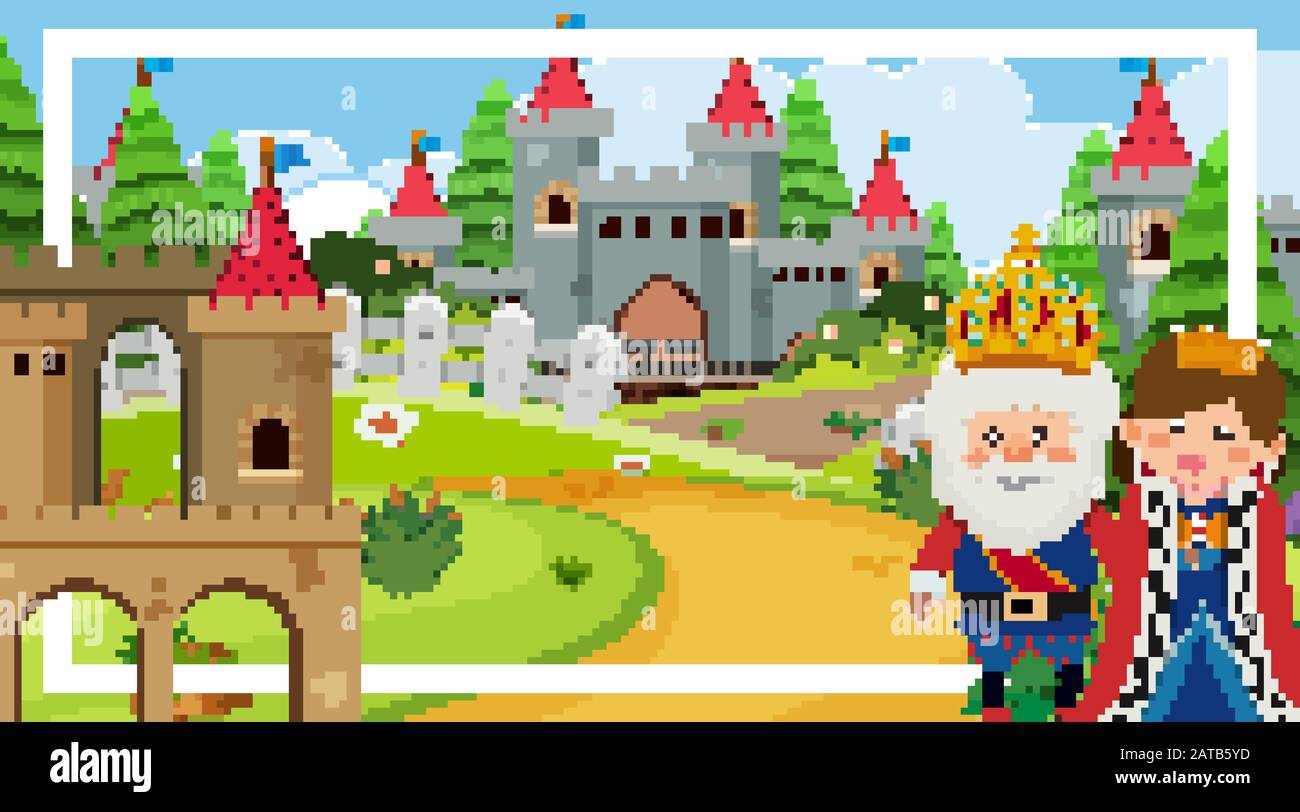 Scene with king and queen by the castle towers illustration Stock ...