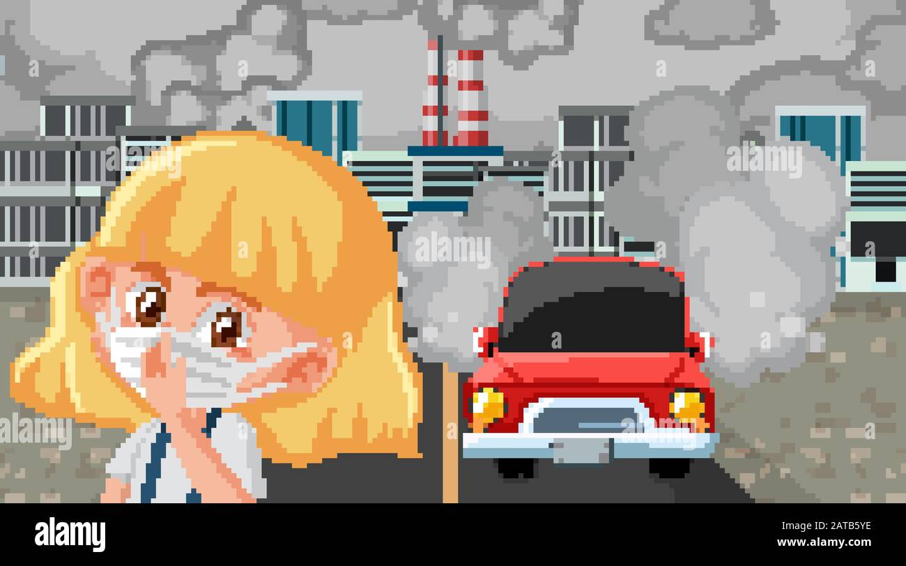 Girl wearing mask in the city with factories and car illustration Stock ...