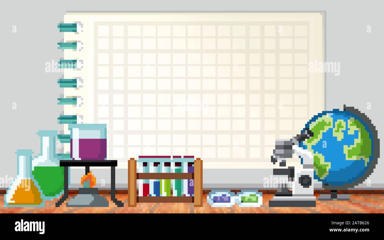 Paper template with scienc equipments in the room illustration Stock ...