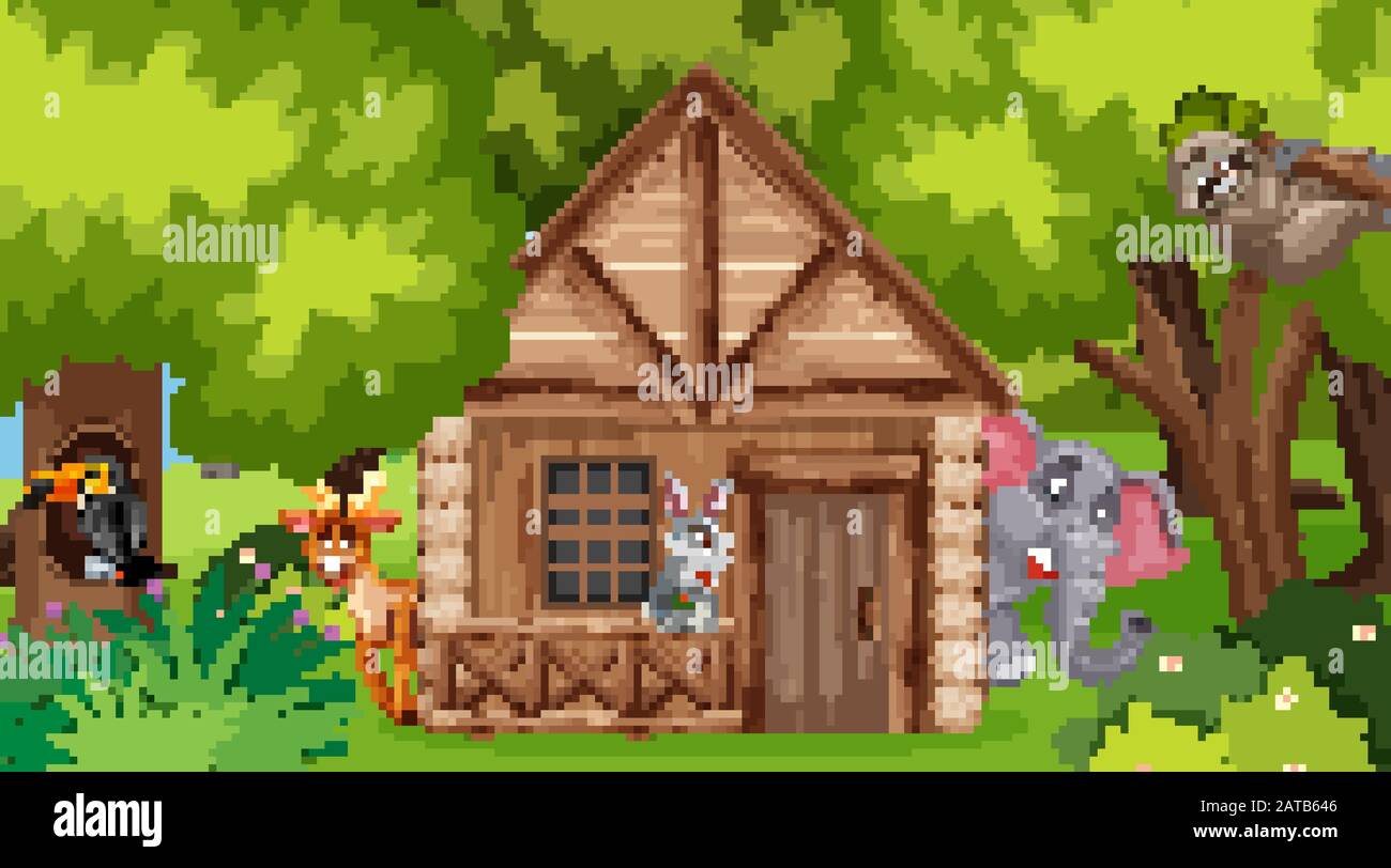 Scene with wooden house and wild animals in the forest illustration ...