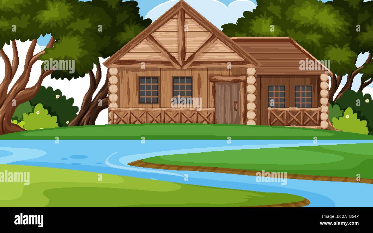 Scene with wooden cottage in the field illustration Stock Vector Image ...