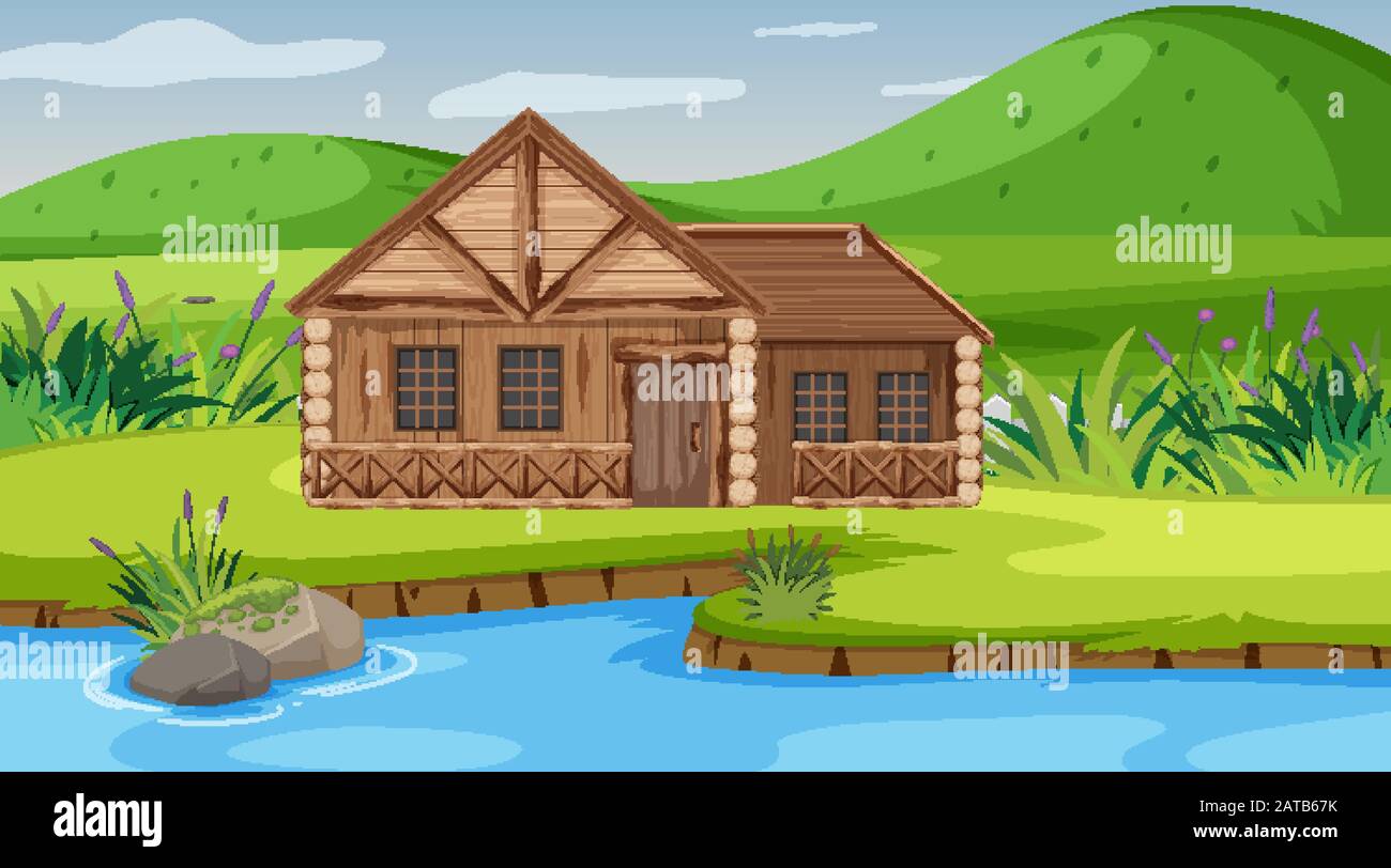 Scene with wooden cottage in the field illustration Stock Vector Image ...