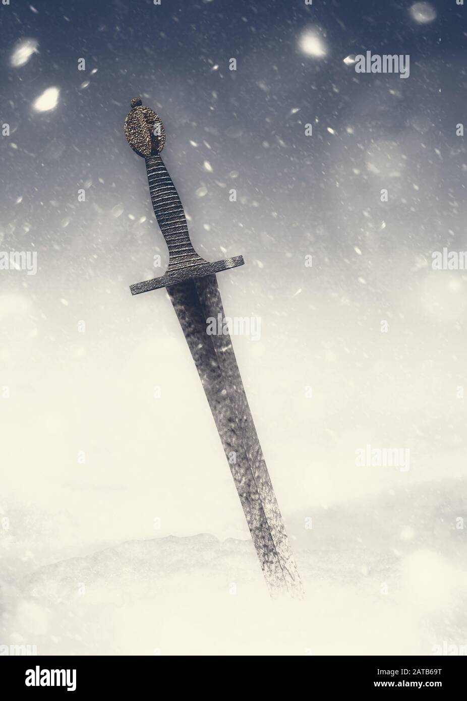 Medieval weapon 3d rendered sword surrounded by the falling snow ...