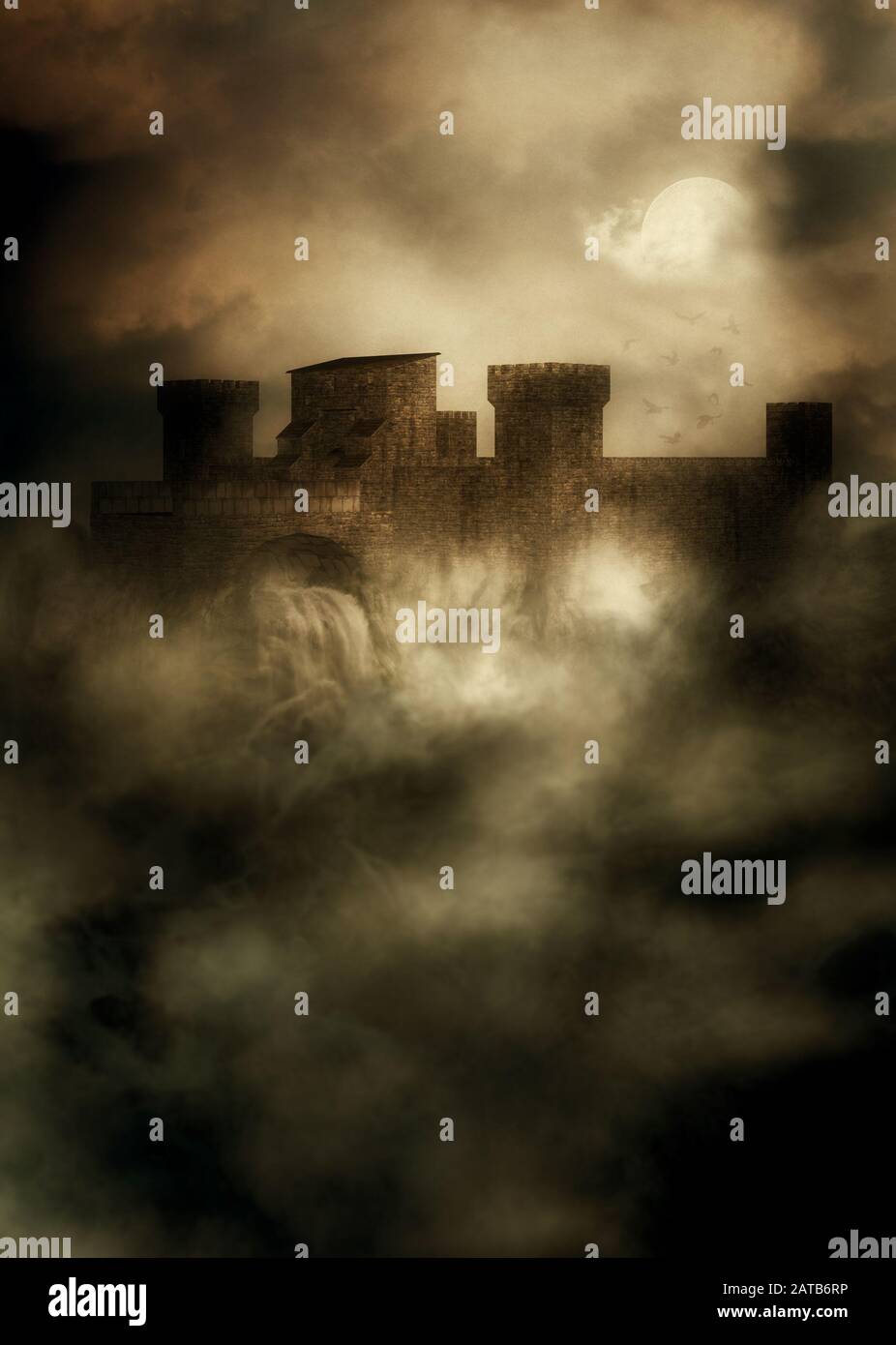 Digital rendered medieval fortress in the heavy fog at night, 3d ...