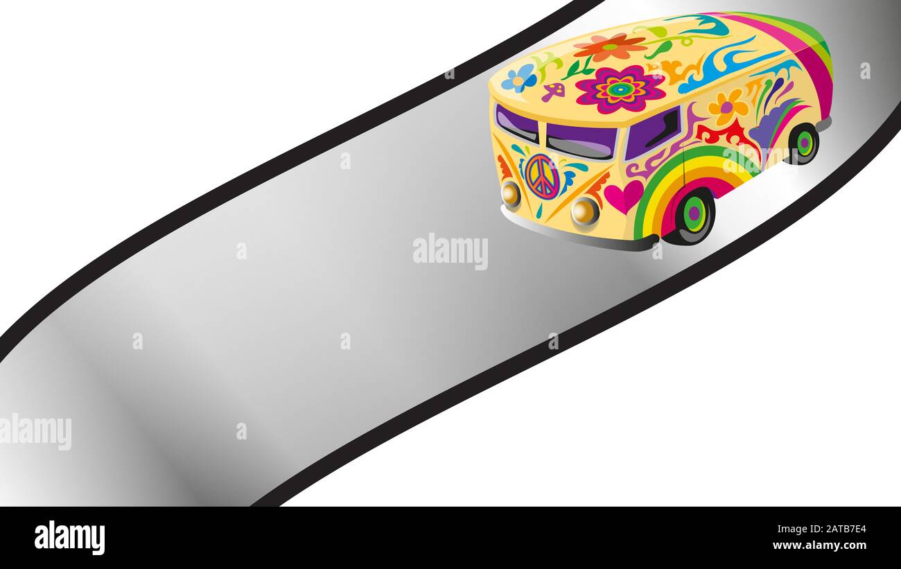 Colorful hippie bus on the road template background Stock Photo - Alamy