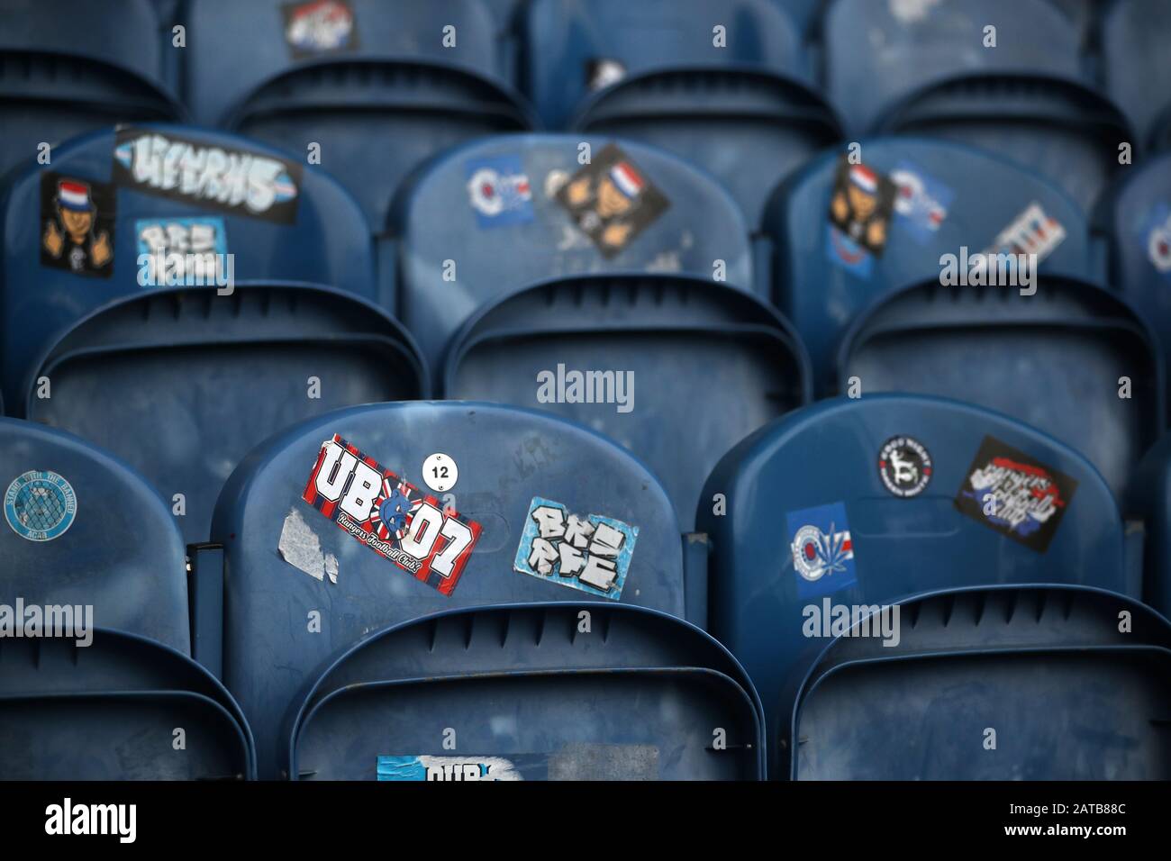 Rangers fan stickers on the seats before the Ladbrokes Scottish ...
