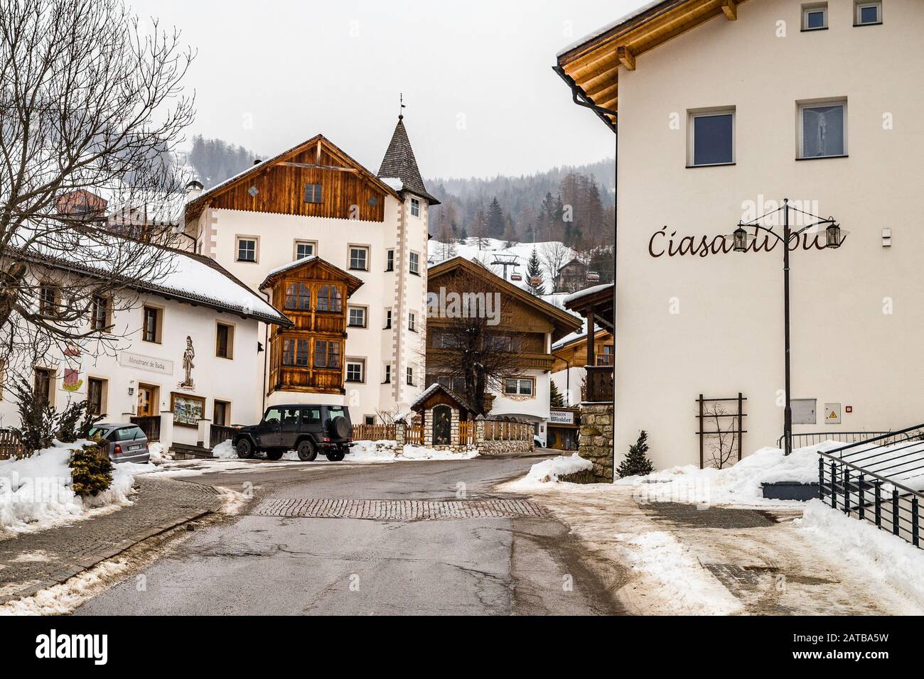 BADIA (BZ), february 10, 2019: snow is covering the buildings of Badia ...