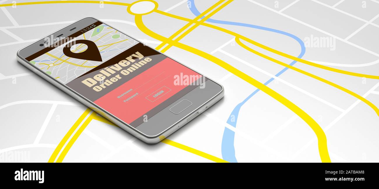 Food order online delivery app on mobile phone screen city map ...