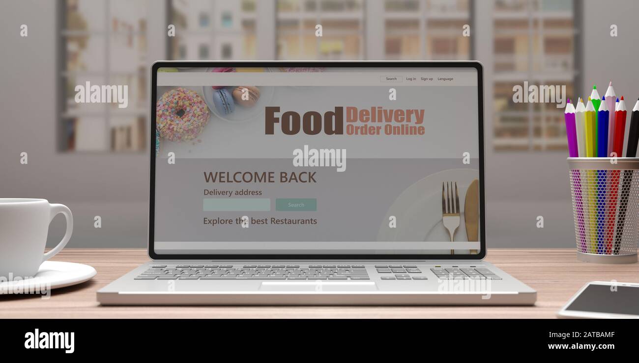 Food online order and delivery app on laptop computer screen, business ...