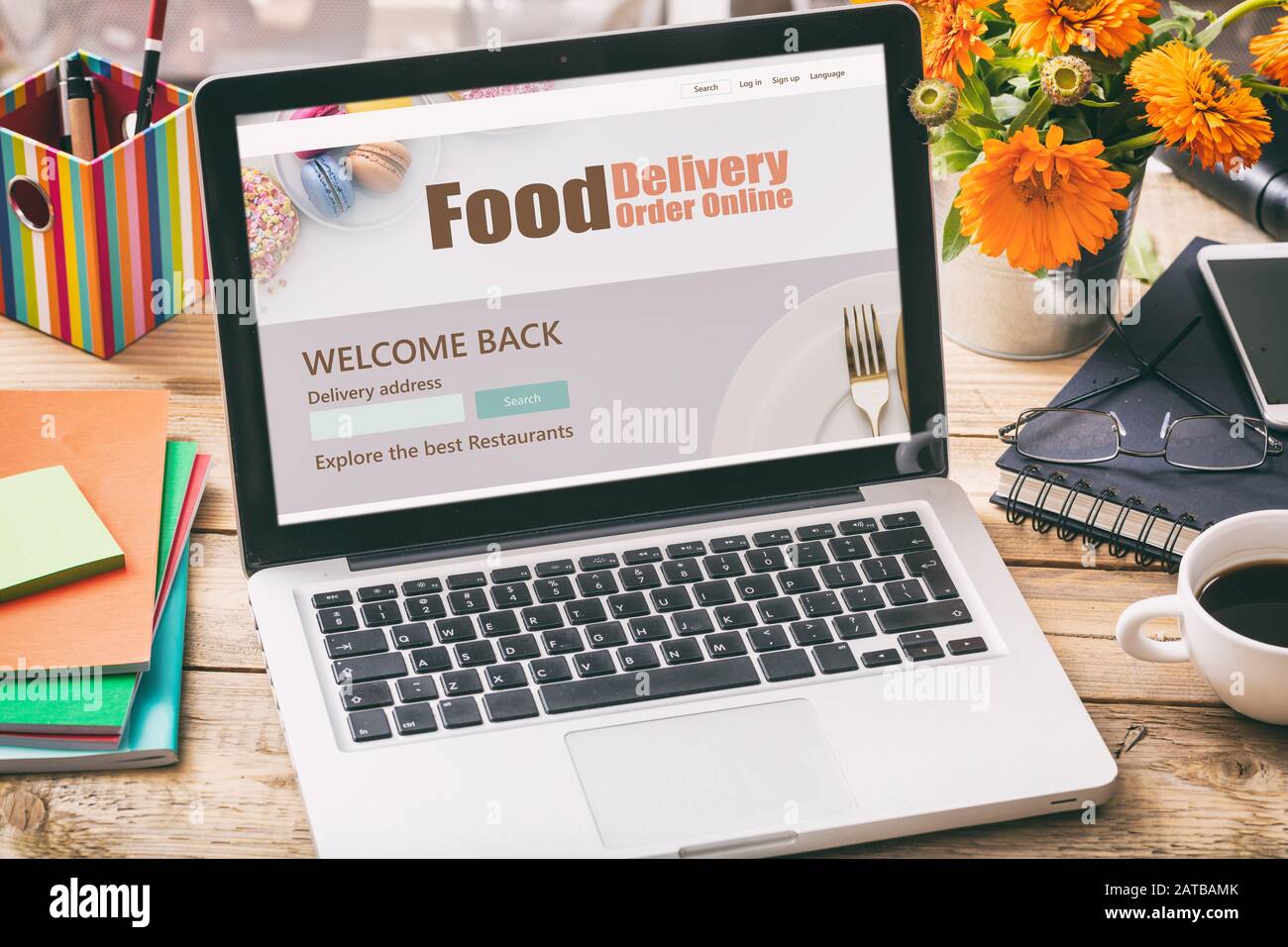 Food online order and delivery app on laptop computer screen, business ...