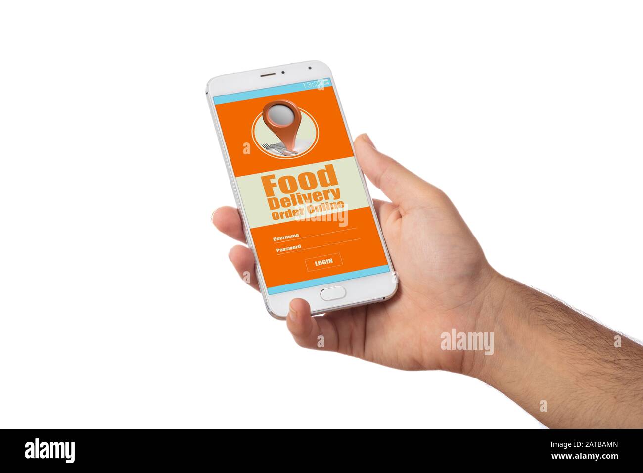 Food online order and delivery app. Man hand holding a mobile phone ...