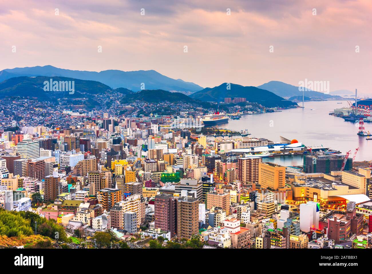 Nagasaki, Japan downtown cityscape on the bay at twilight Stock Photo ...