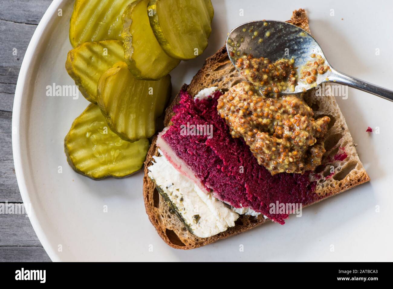 Beet Mousse, Goat Cheese and Seeded Mustard on toast, with pickles ...