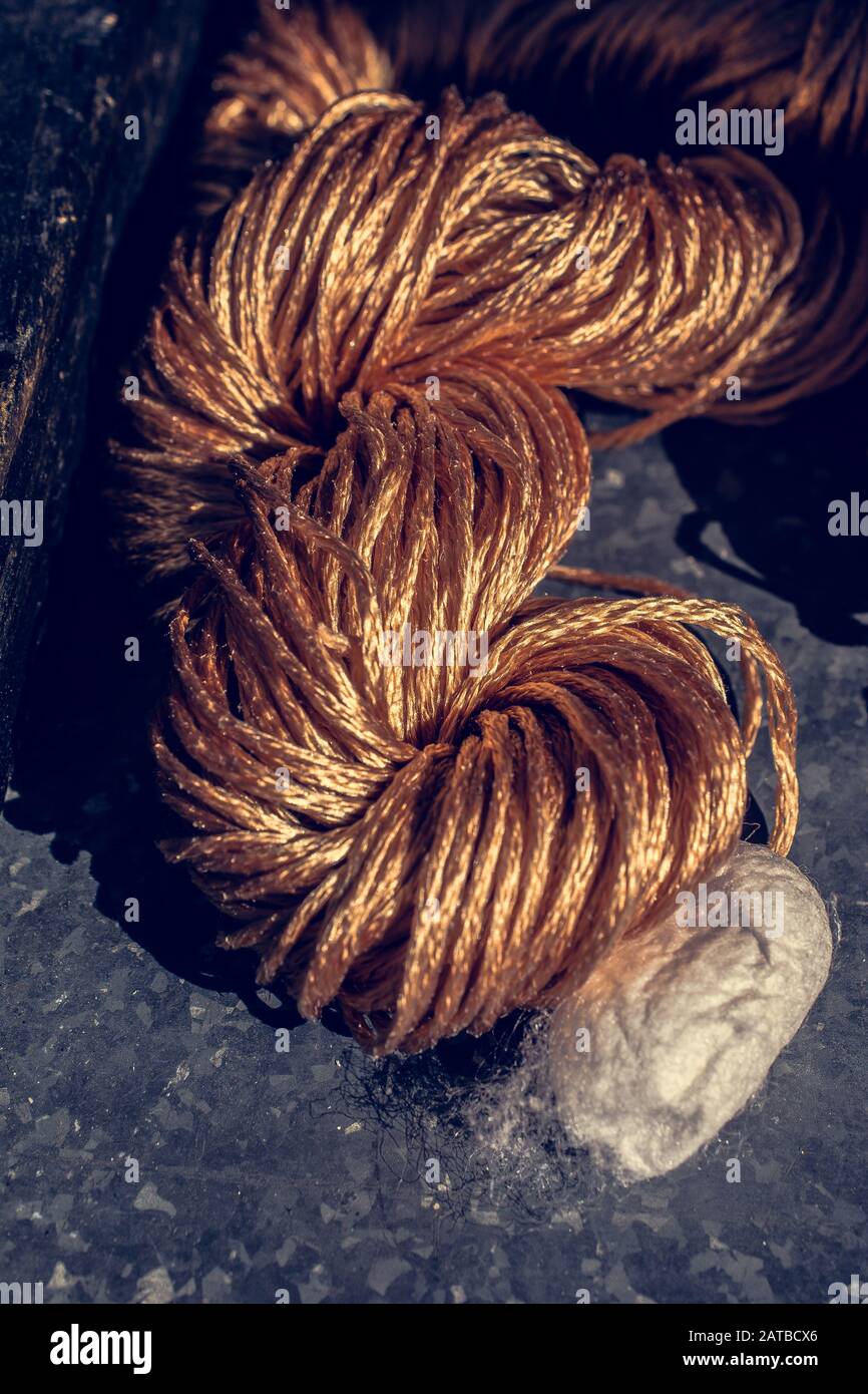 Colorful strands of silk thread close up texture background Stock Photo ...