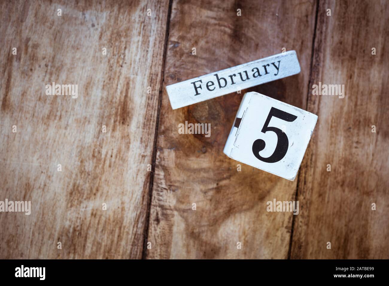 February 5th. Day 5 of February month, white calendar blocks on vintage ...