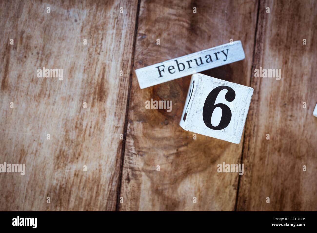 February 6th. Day 6 of February month, white calendar blocks on vintage ...