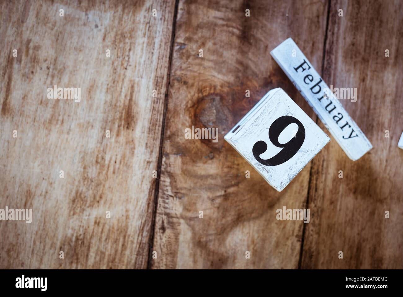 February 9th. Day 9 of February month, white calendar blocks on vintage ...