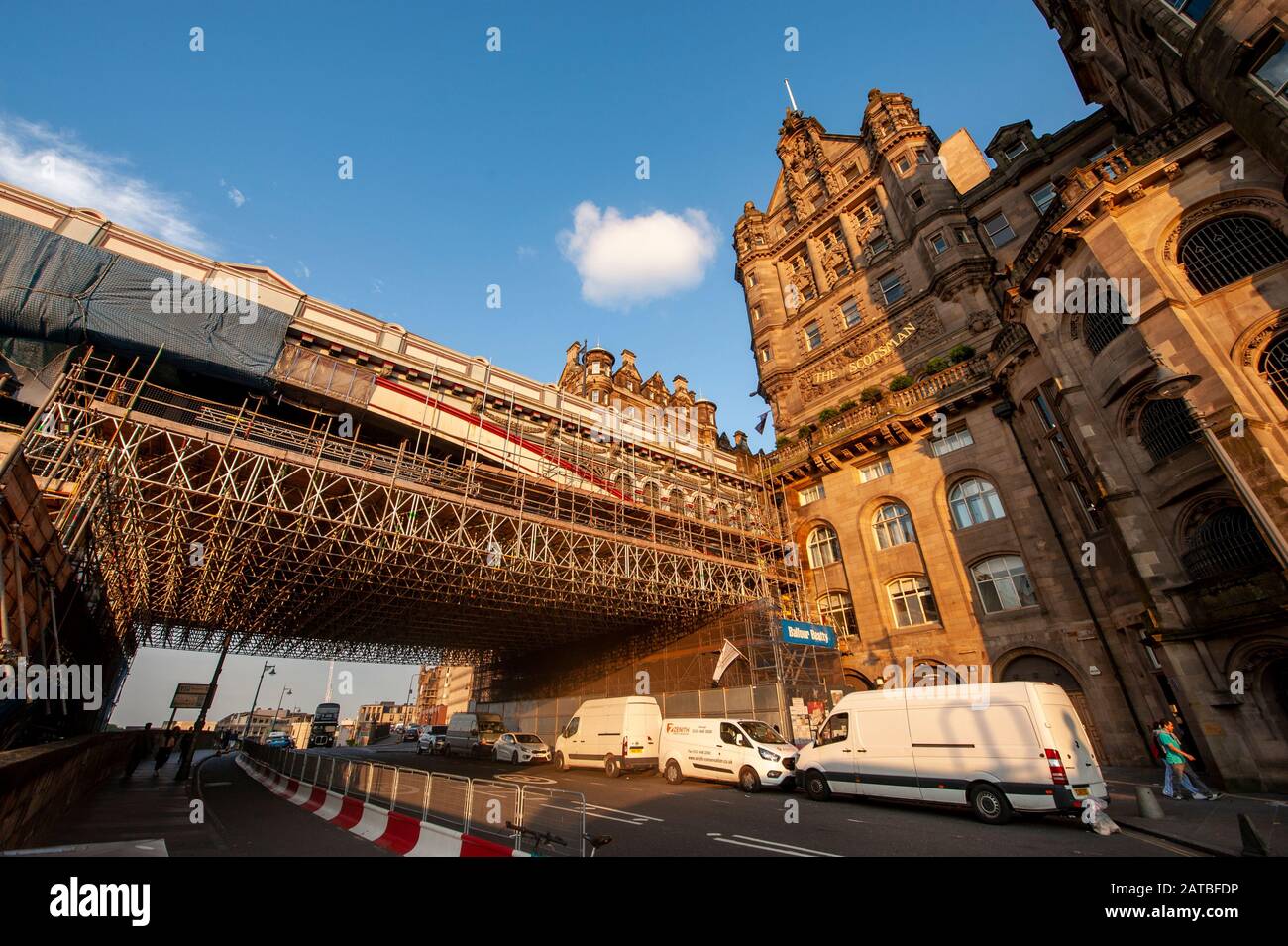 North bridge of Edinburgh covered with scaffolding during its ...