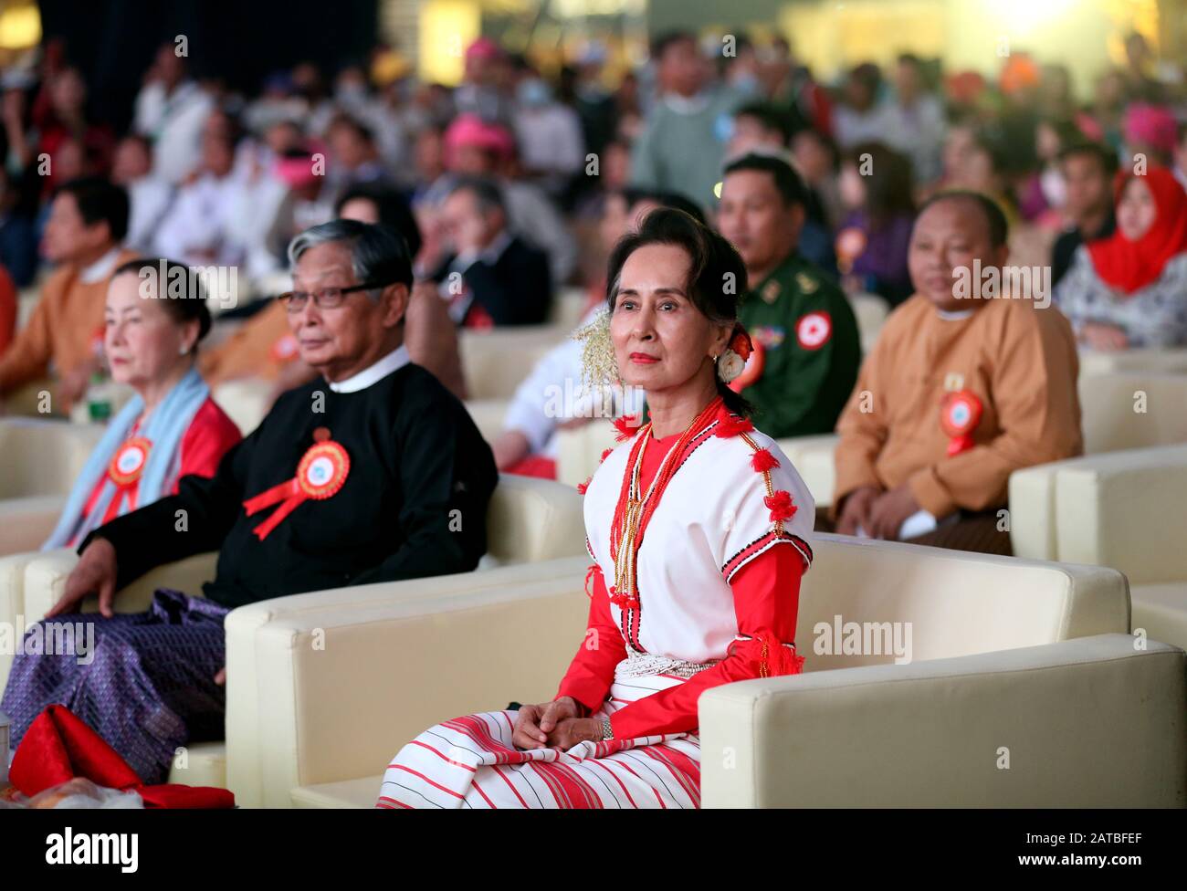 Yangon, Myanmar. 1st Feb, 2020. Myanmar State Counsellor Aung San Suu Kyi attends the opening ...
