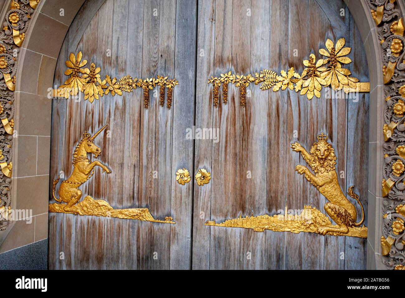 The Queen's gallery door details of a Lion and an Unicorn. Edinburgh ...