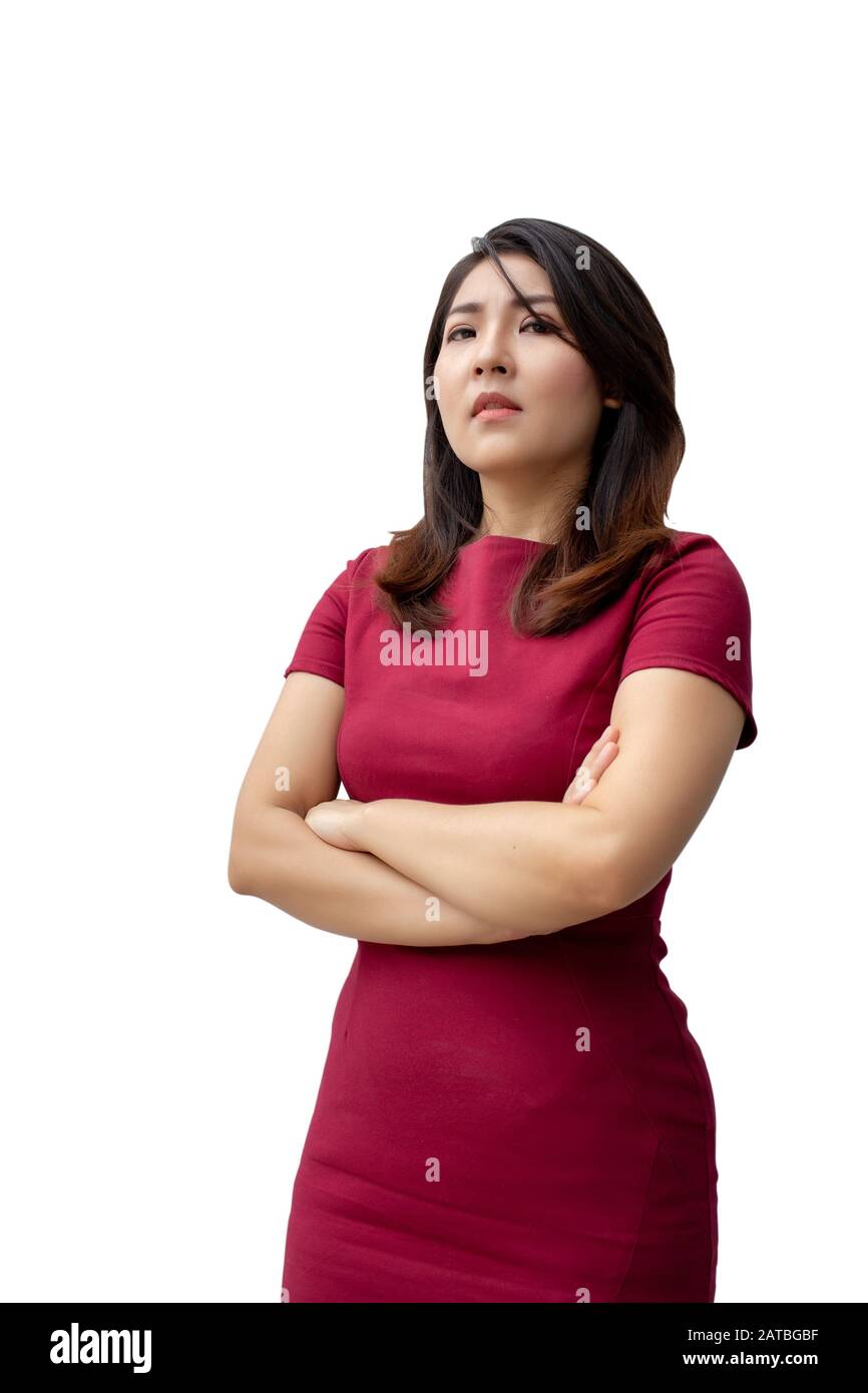 confident asian woman cross arm with red suite on white isolated ...